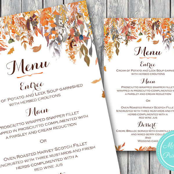 Fall Autumn Wedding Menu, Engagement Party Menu - Bride & Bows
