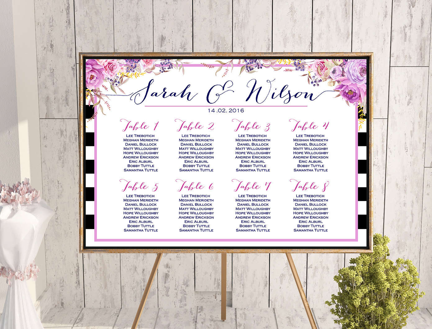 Purple Flowers Stripes Wedding Seating Chart - Free Seating Charts