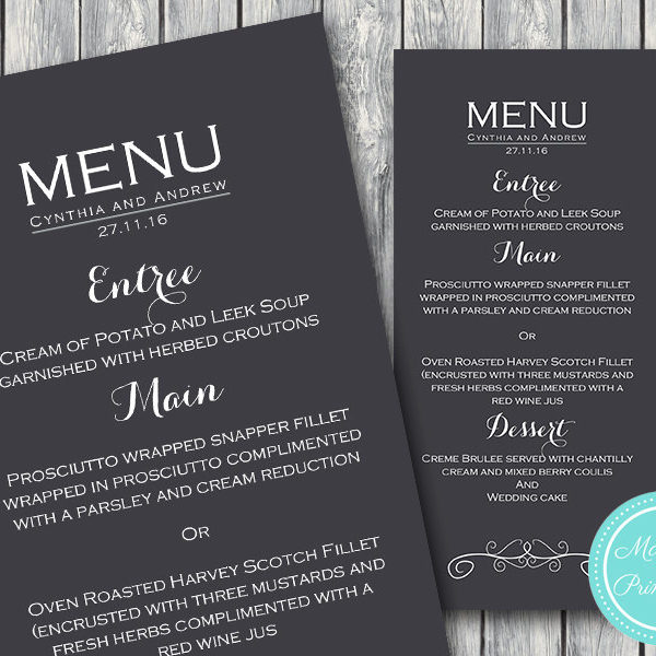 Elegant Modern Wedding Menu, Bridal Shower Menu - Bride & Bows