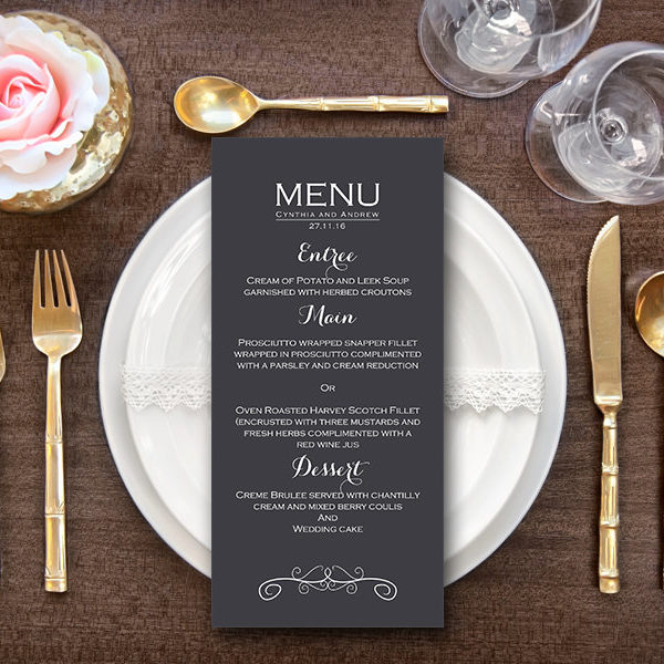 Elegant Modern Wedding Menu, Bridal Shower Menu - Bride & Bows