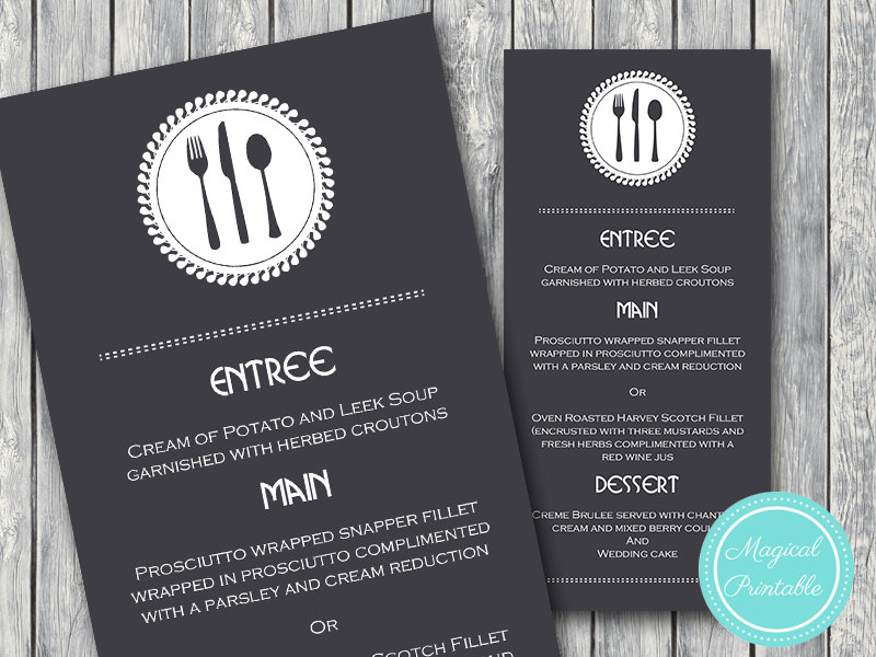 Modern Shaded Cutlery Wedding Menu, Party Menu - Bride & Bows