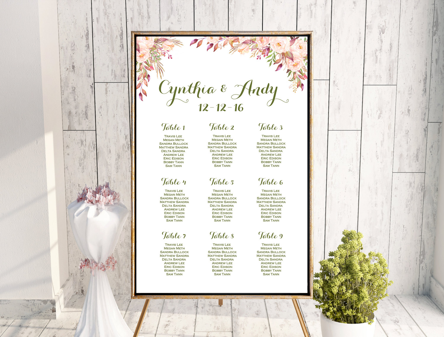 Pink Floral Wedding Seating Chart - Free Wedding Seating Charts