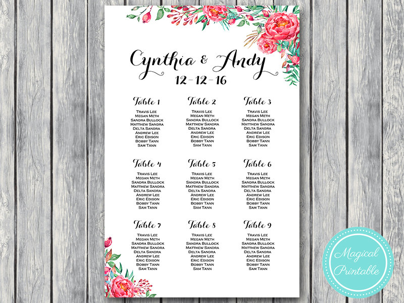 Vibrant Red Peony Wedding Seating Chart - Free Wedding Seating Charts