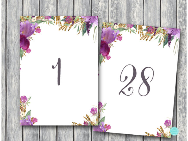 Purple Floral Table Numbers 1-28
